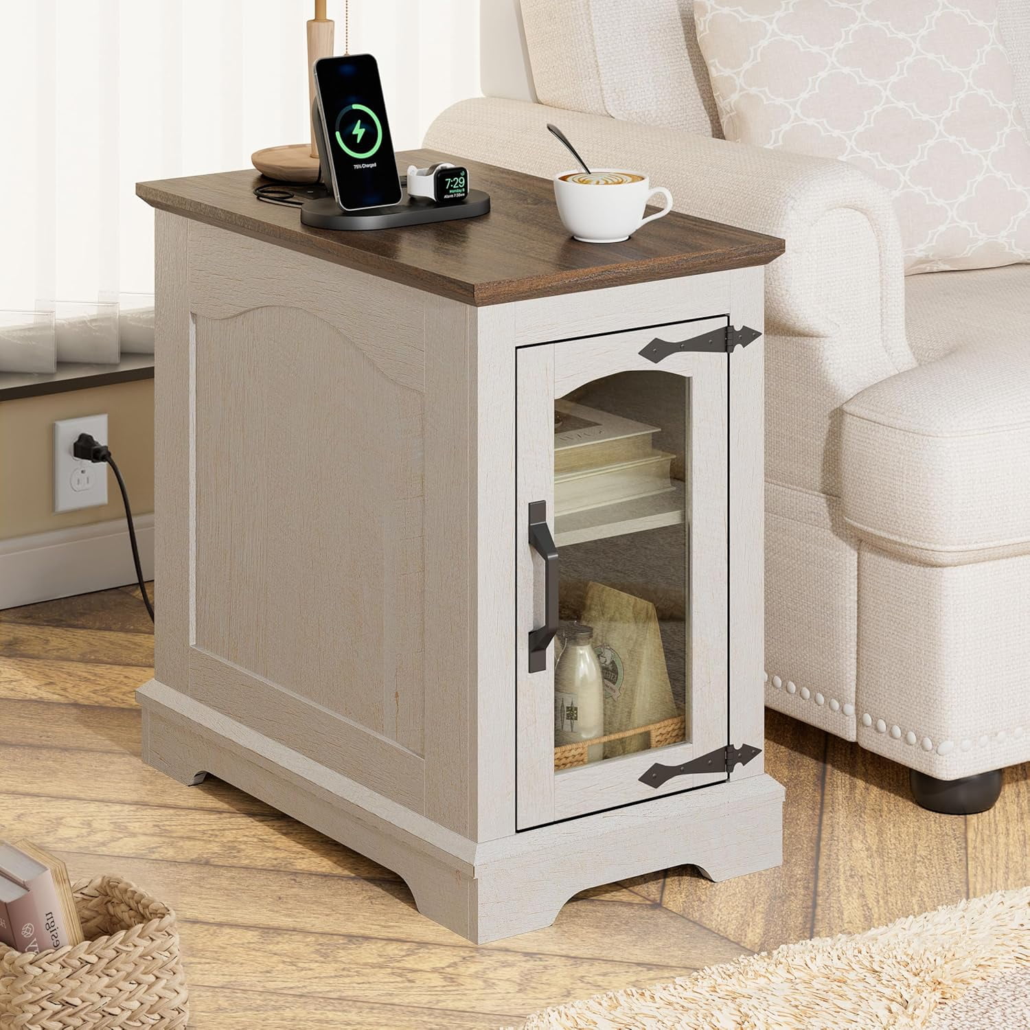 Narrow End Table with Storage, Farmhouse Side Table with Power Outlets ...