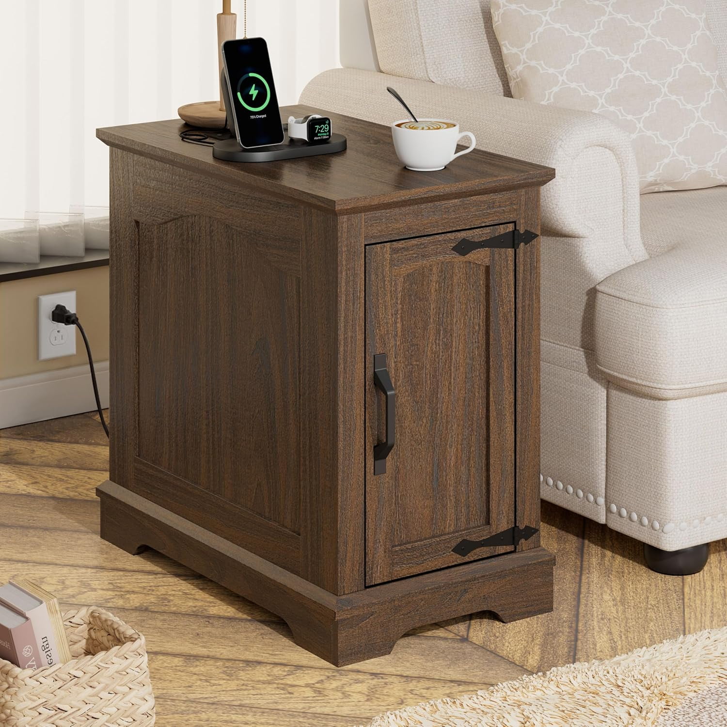 Narrow End Table with Storage, Farmhouse Side Table with Power Outlets ...
