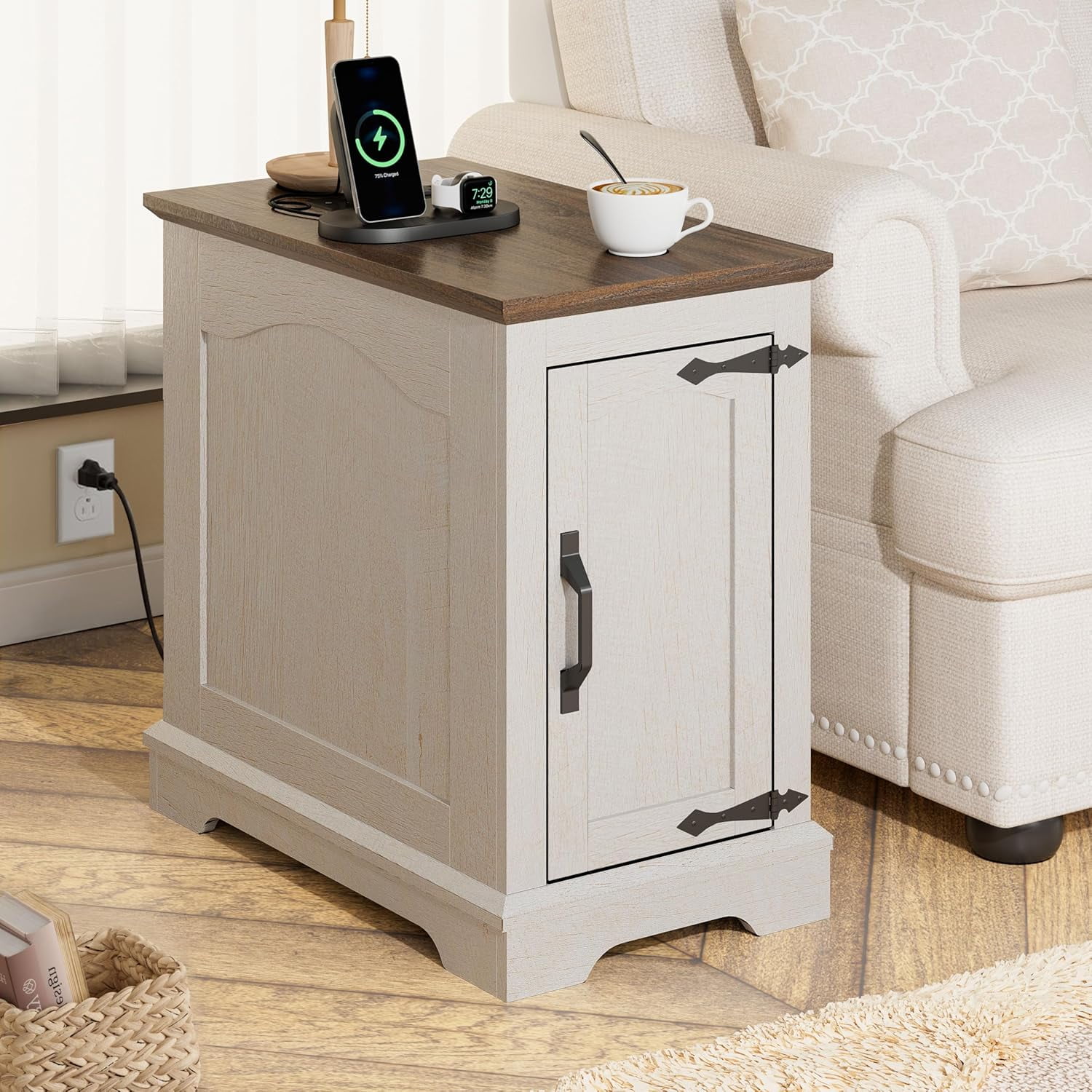 Narrow End Table with Storage, Farmhouse Side Table with Power Outlets ...