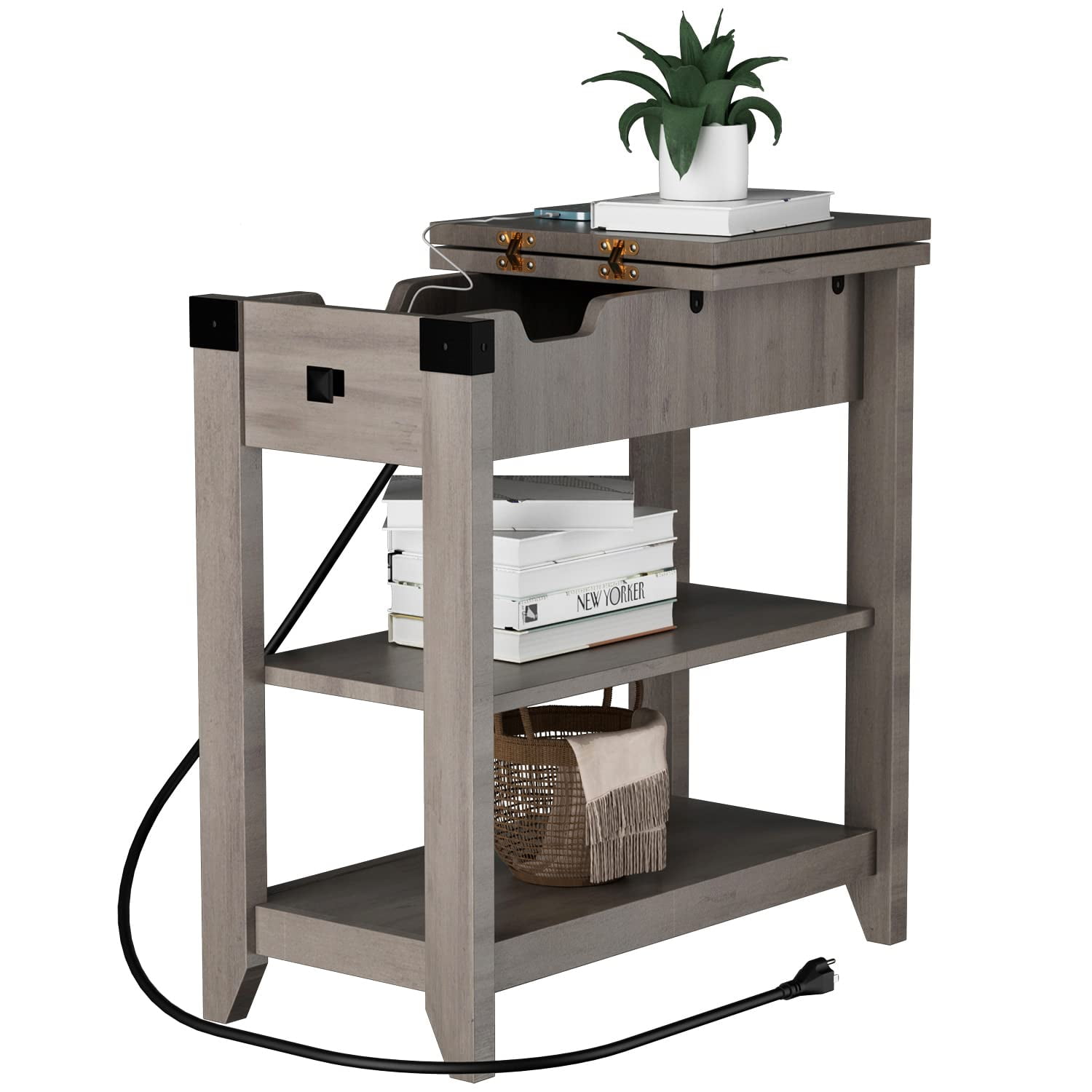 Walmart Narrow End Table with Charging Station, Flip Top, Farmhouse ...