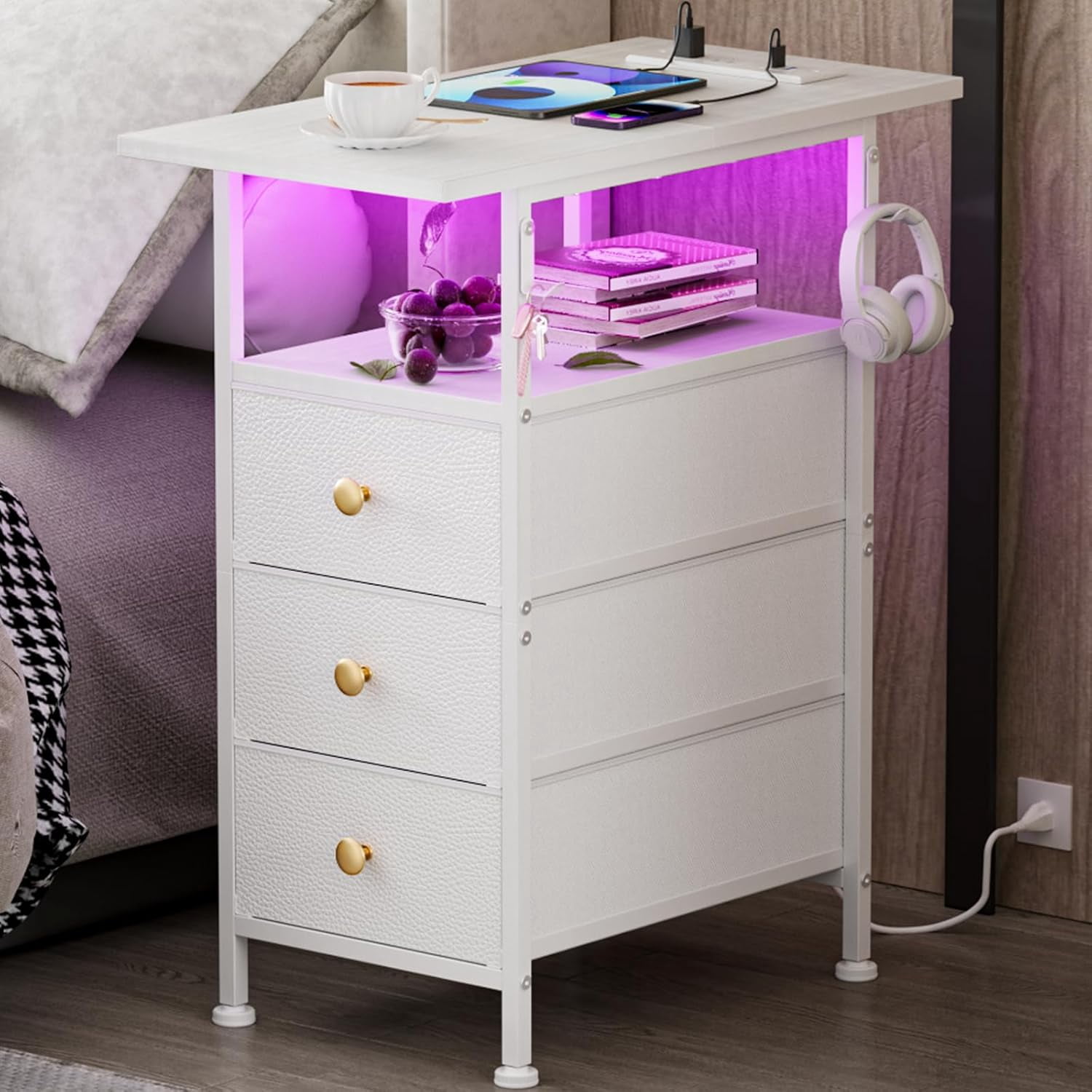 Narrow End Table with Charging Station, Slim Nightstand with 3 Fabric ...