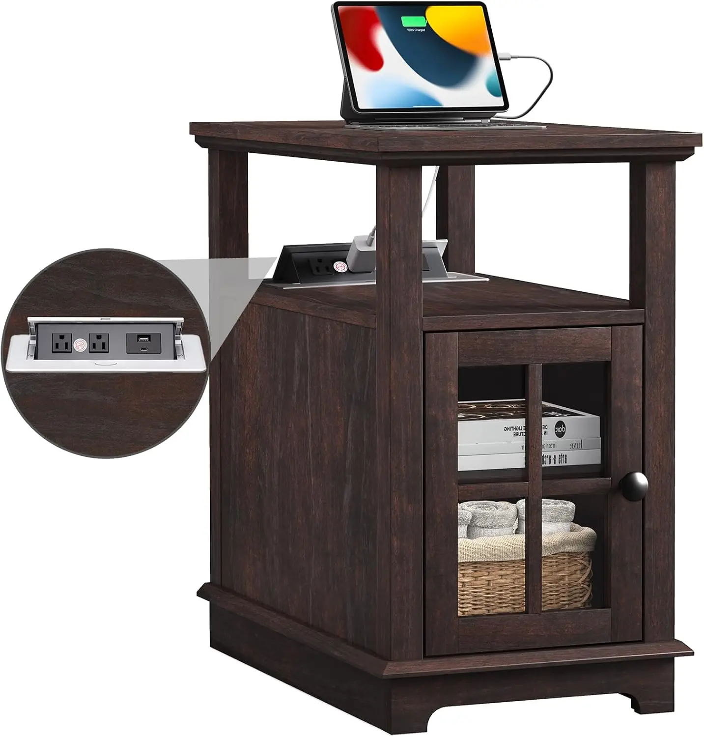 Narrow End Table with Flip Top Charging Station, Storage Side Table, Adjustable Shelf, Type-C ...