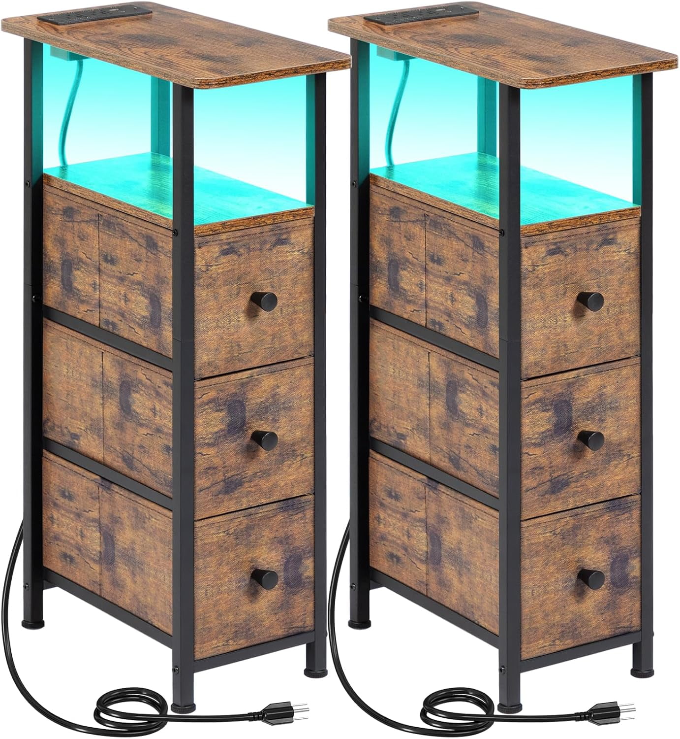 Narrow End Tables Living Room Set of 2 with Charging Station, Skinny ...