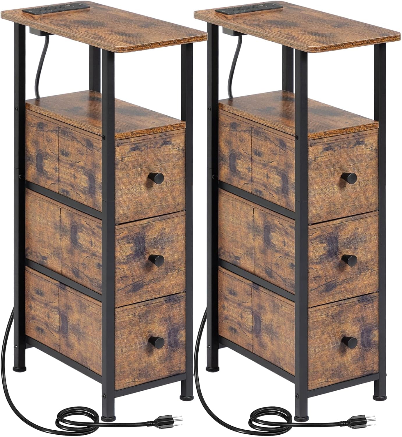 Narrow End Tables Living Room Set of 2 with Charging Station, Skinny ...