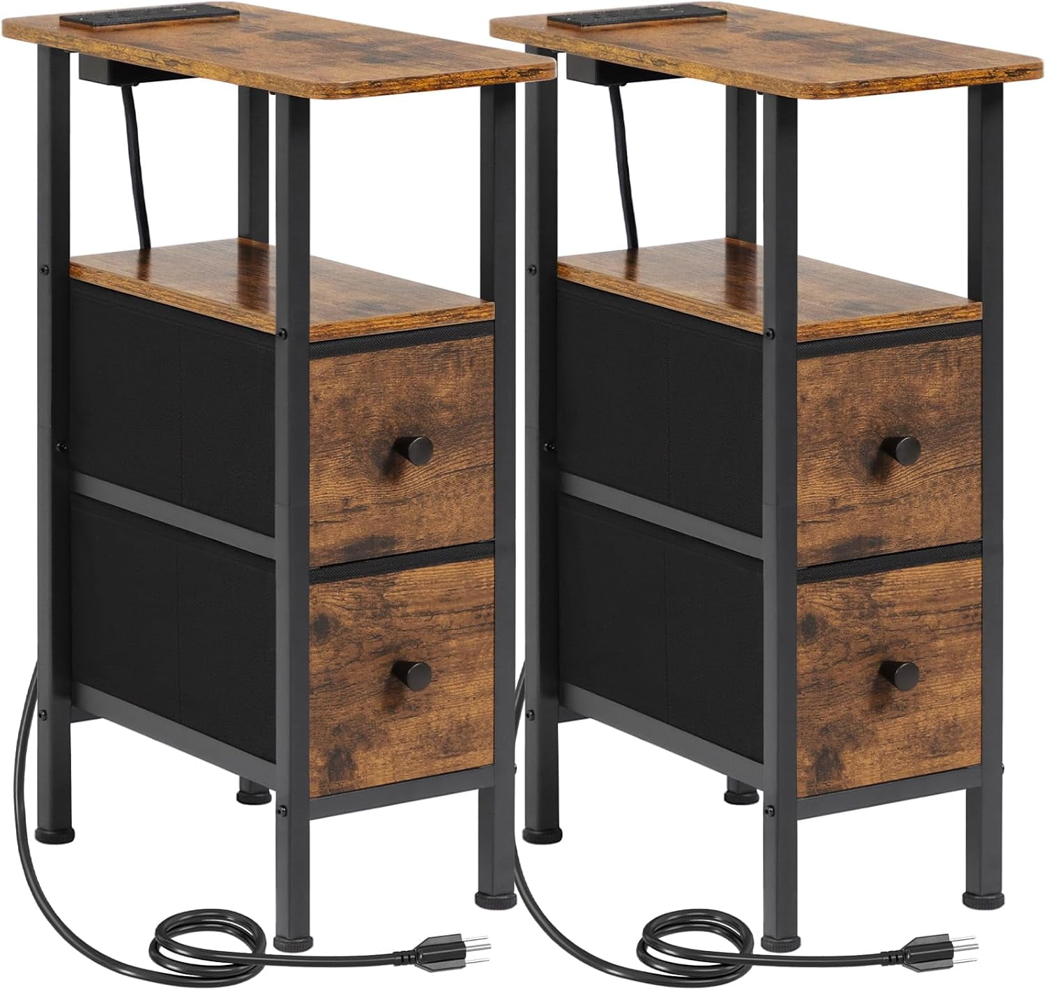 Narrow End Tables Living Room Set of 2 with Charging Station, Skinny ...