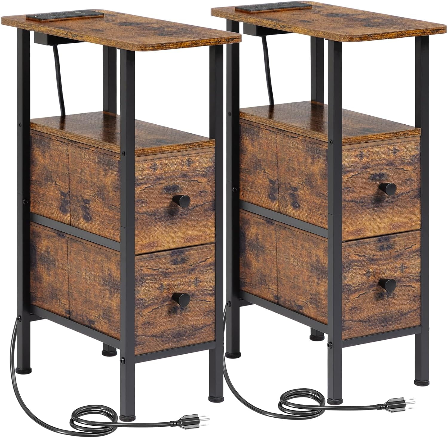 Narrow End Tables Living Room Set of 2 with Charging Station, Skinny ...
