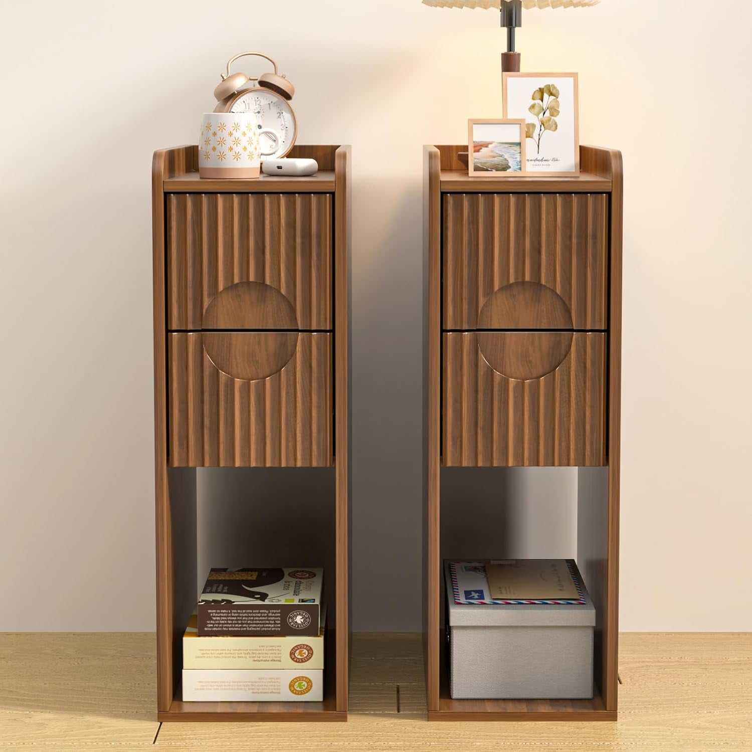 Narrow Fluted Nightstand Set of 2, Wooden Small 2 Drawer Nightstand ...