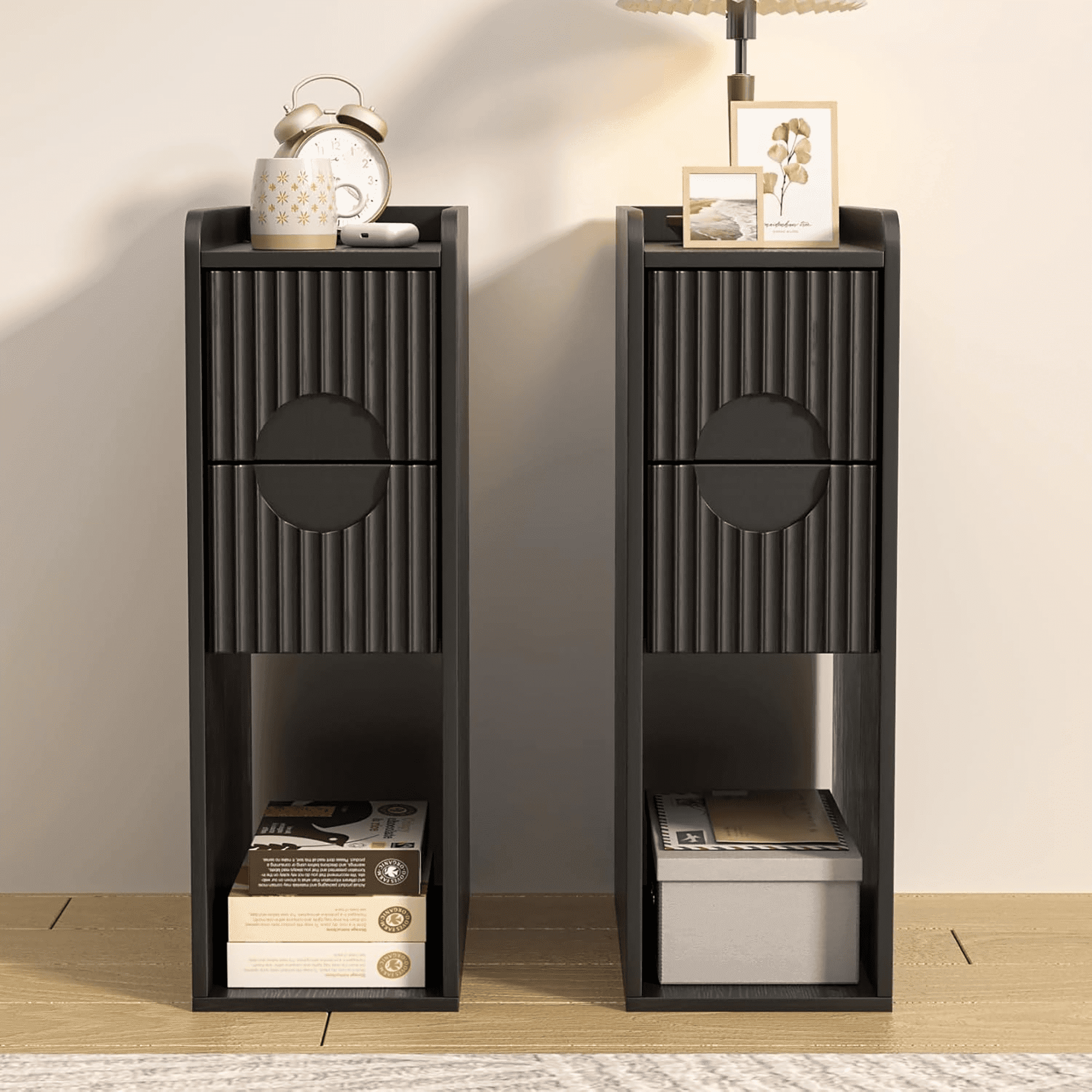 Narrow Fluted Nightstand with 2 Drawers and Open Shelf, Wooden ...