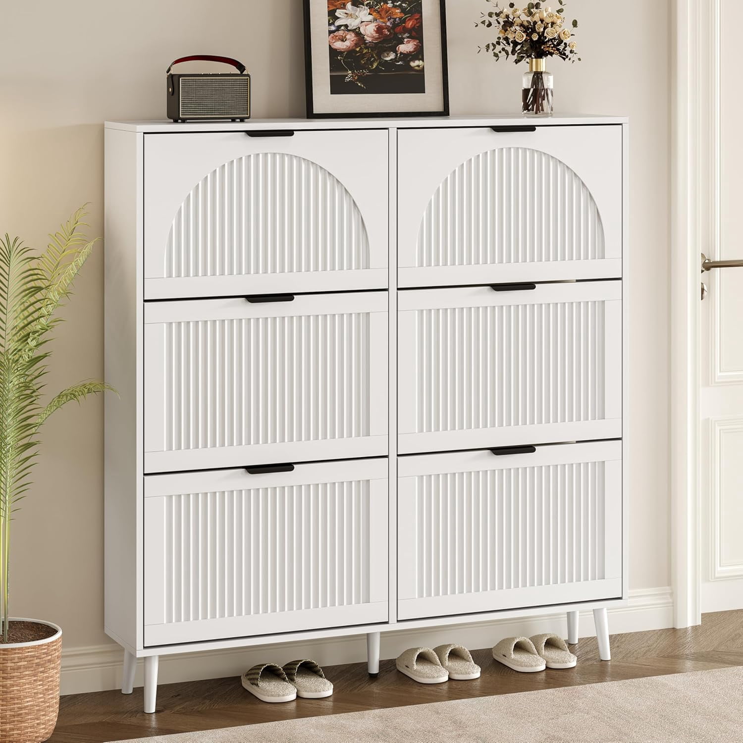 Narrow Fluted White Shoe Storage Cabinet with 6 Flip Drawers ...