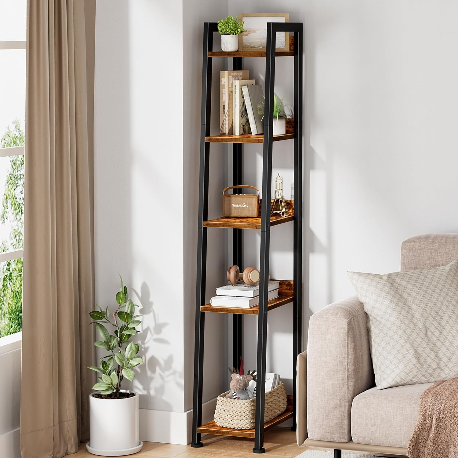 Narrow Ladder Shelf for Small Spaces - 5 Tier Thin Bookshelf Skinny ...