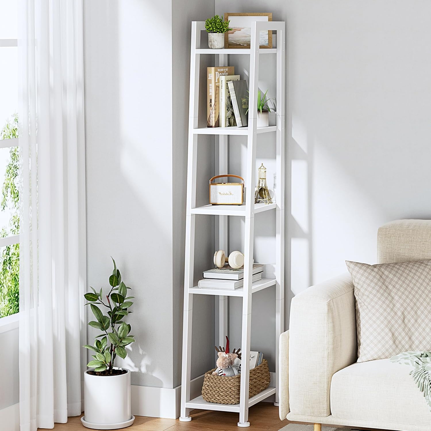 Narrow Ladder Shelf for Small Spaces - 5 Tier Thin Bookshelf Skinny ...