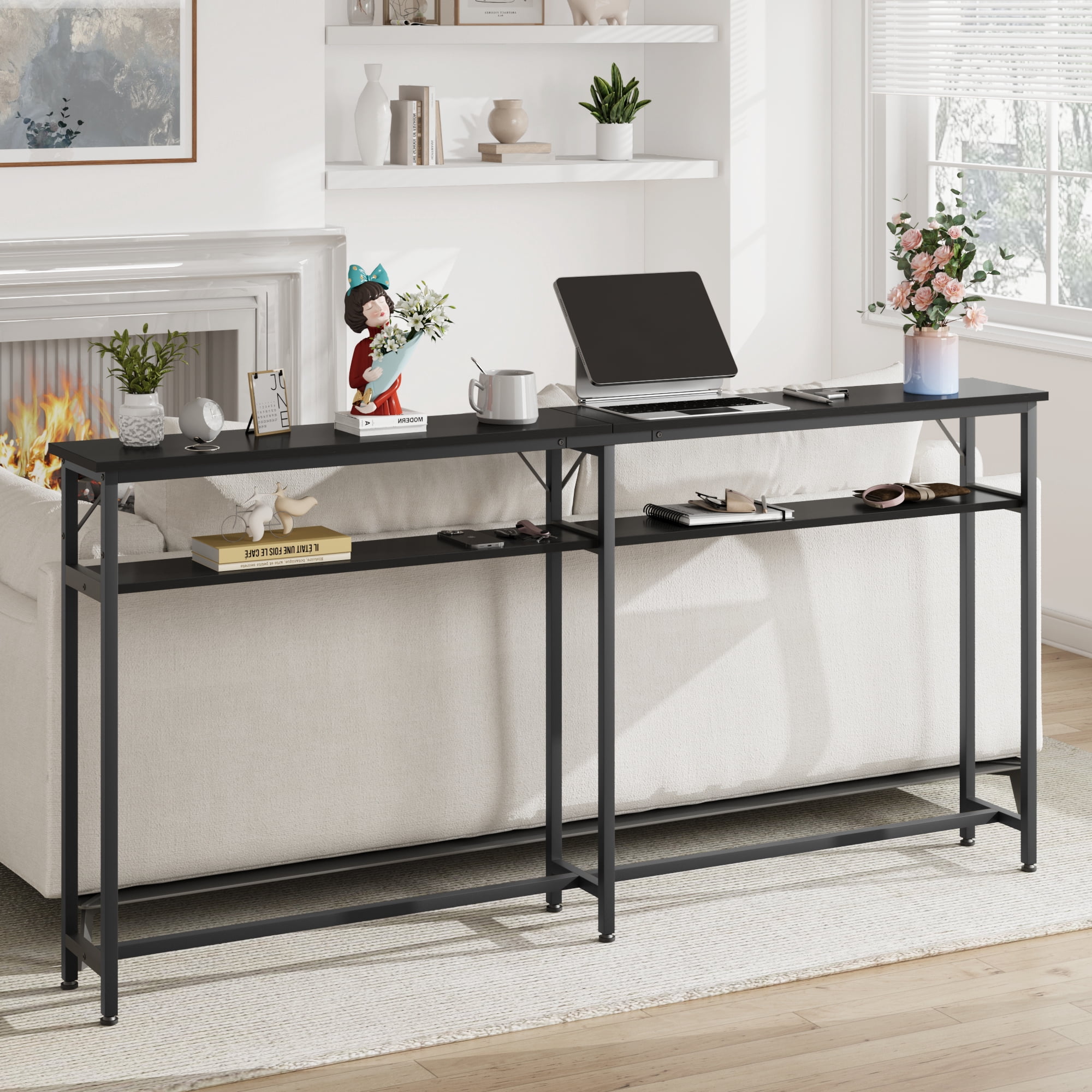 Narrow Long Sofa Tables, 2 Tier Console Table with Storage, 70.8 ...
