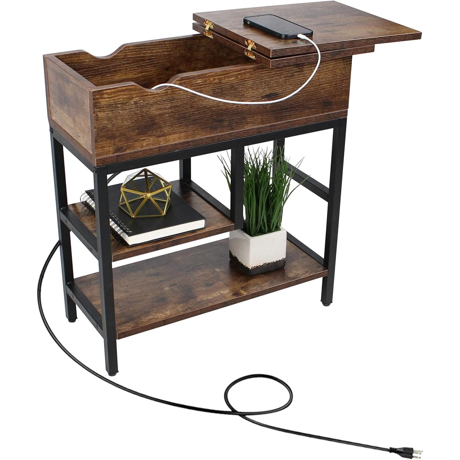 Narrow Night Stand Charging End Table - Rustic USB Port Thin Side ...