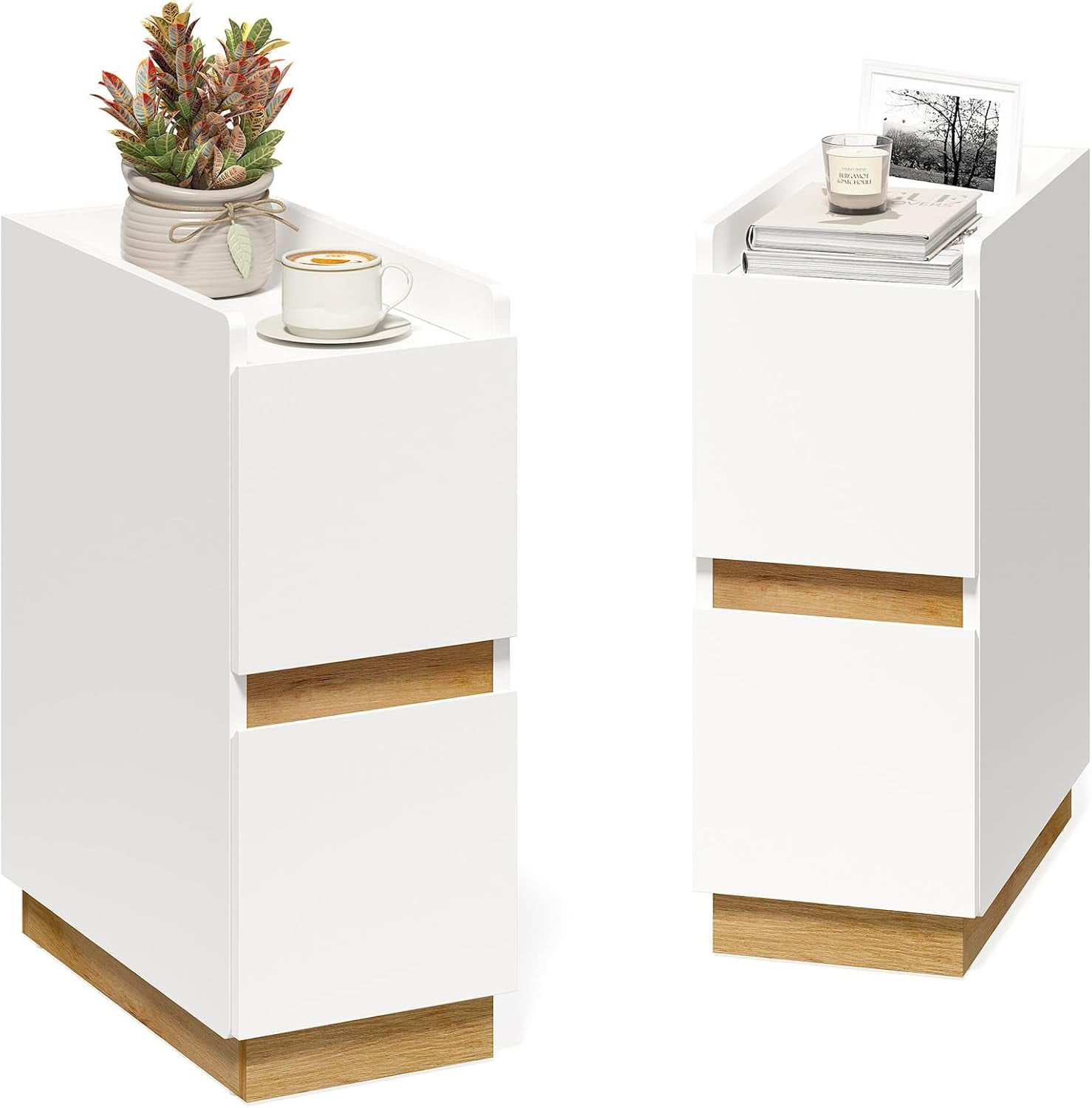Narrow Night Stands, Modern Slim Nightstand Set of 2, Wooden Skinny ...