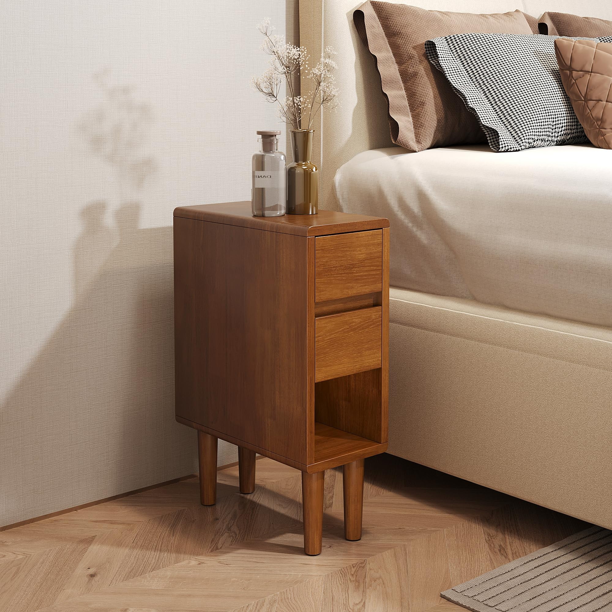 Narrow Nightstand 2 Drawers with Open Shelf Narrow Night Stand Solid ...