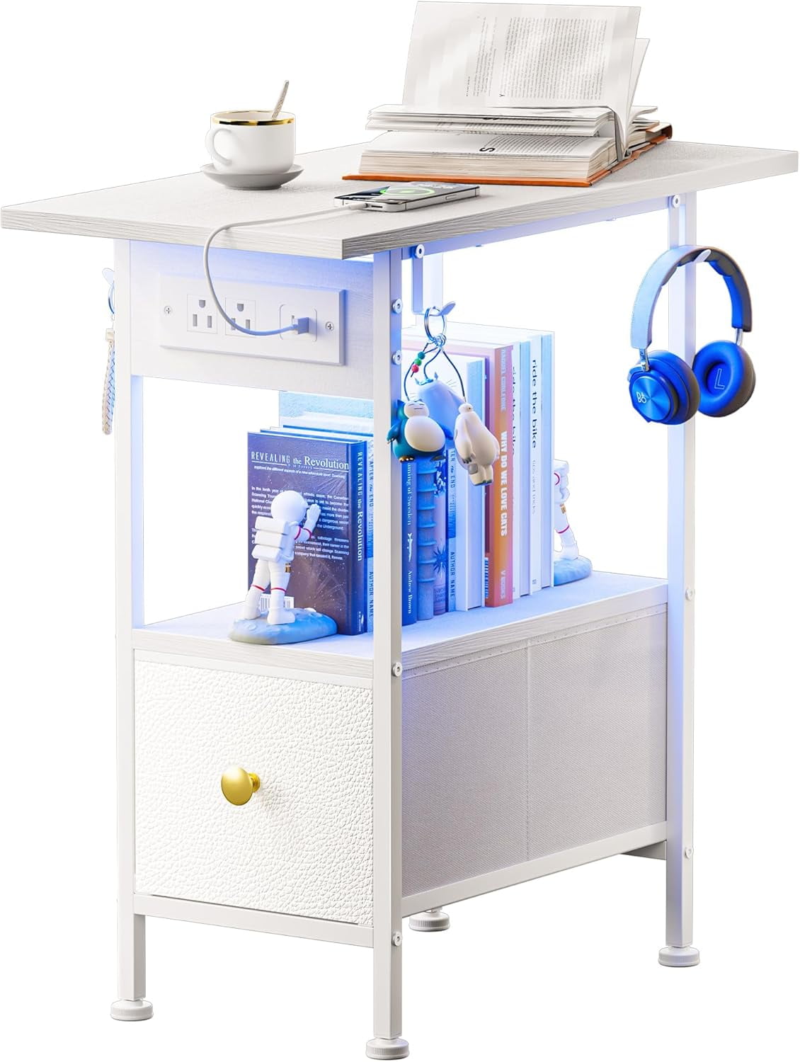 Narrow Nightstand with Charging Station, LED Nightstand with Fabric ...