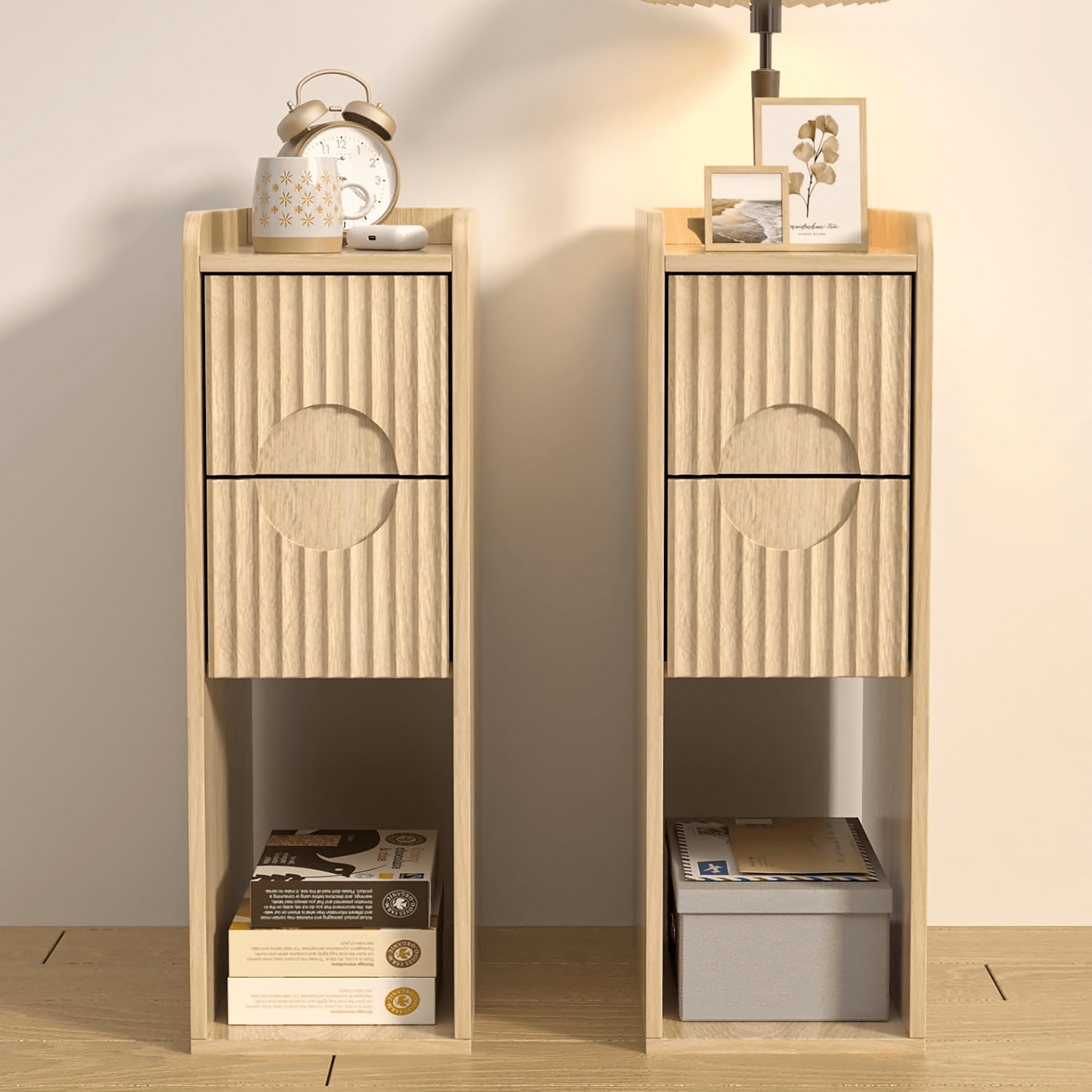 Narrow Nightstand Set of 2 with Drawers, Fluted Slim Side End Table ...