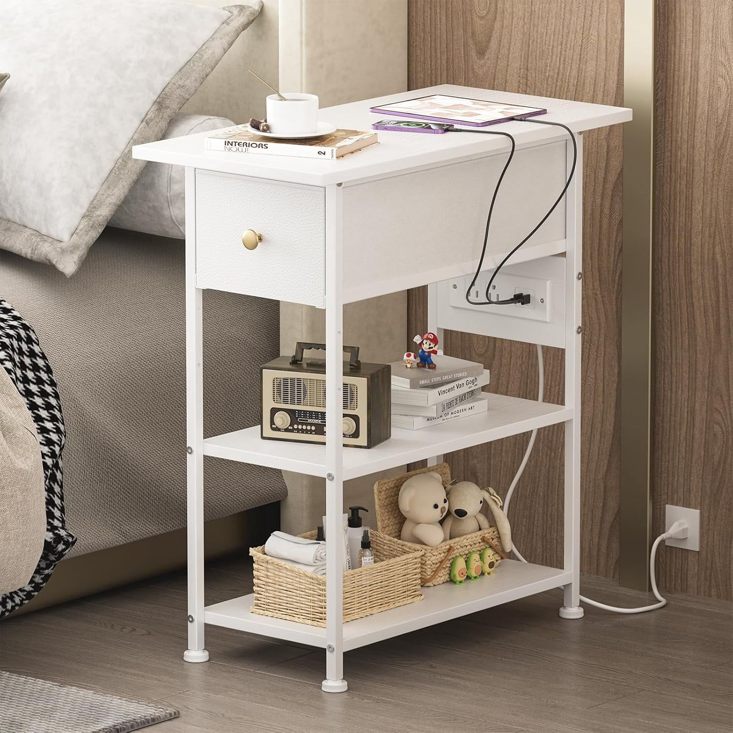 Narrow Nightstand, White Night Stand with Charger Station, LED End ...