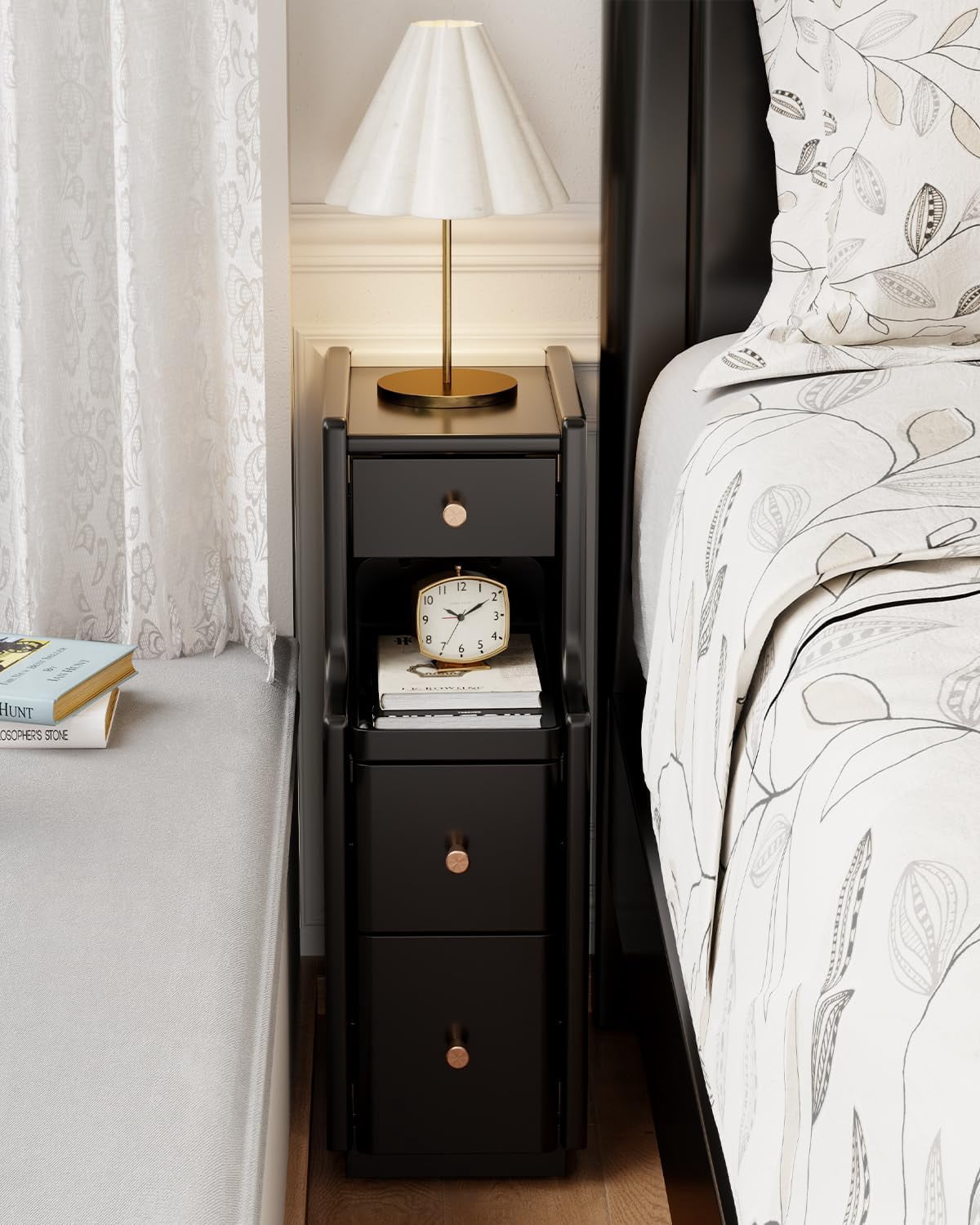 Narrow Nightstand with Drawers Solid Narrow Bedside Table Walnut Modern ...