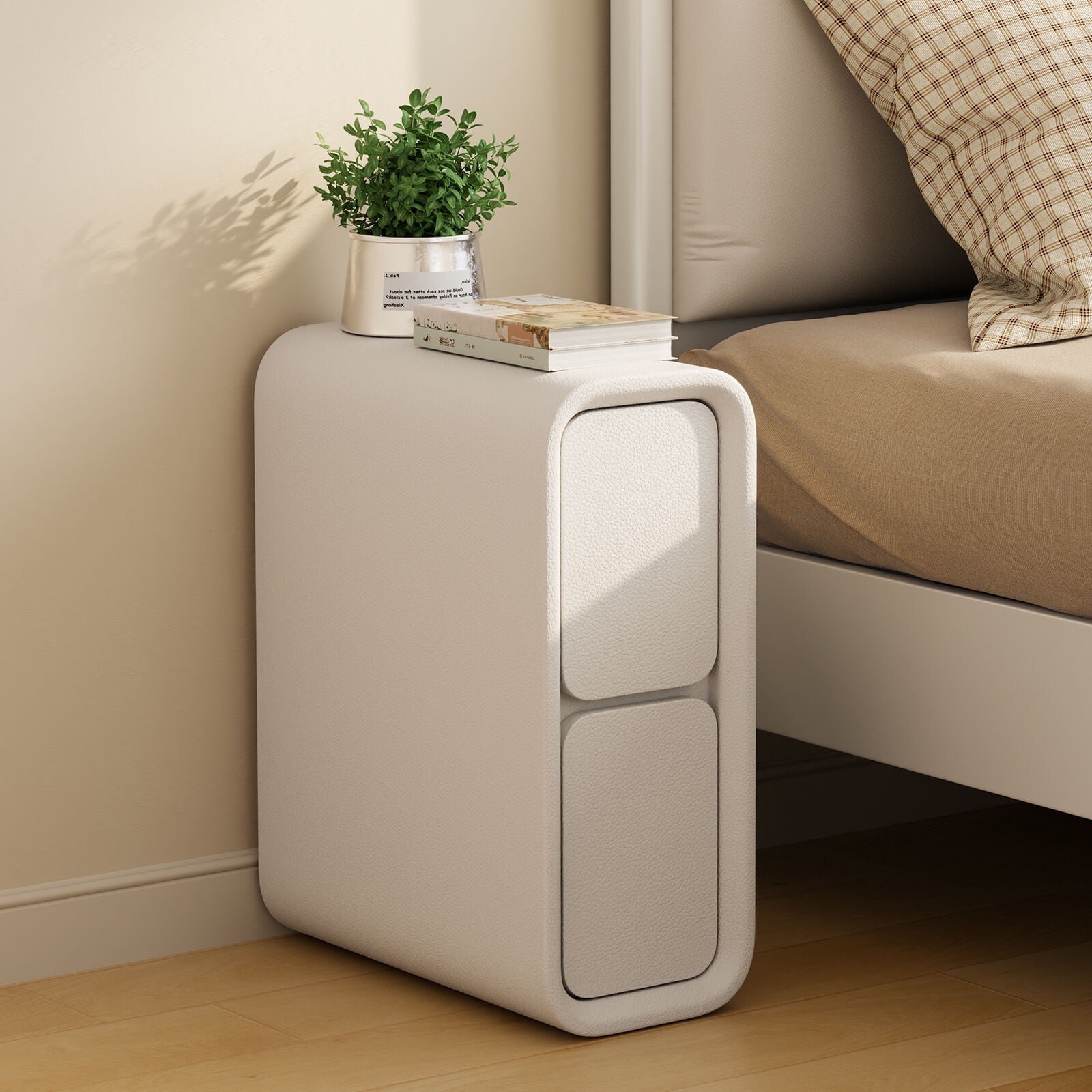 Narrow Nightstand with Drawers - Solid Wood Nightstand with Leather ...