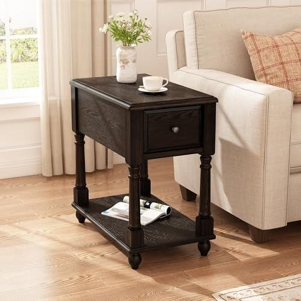 Narrow Open End Table with Drawer, Solid Wood Side Table 2-Tier Skinny ...
