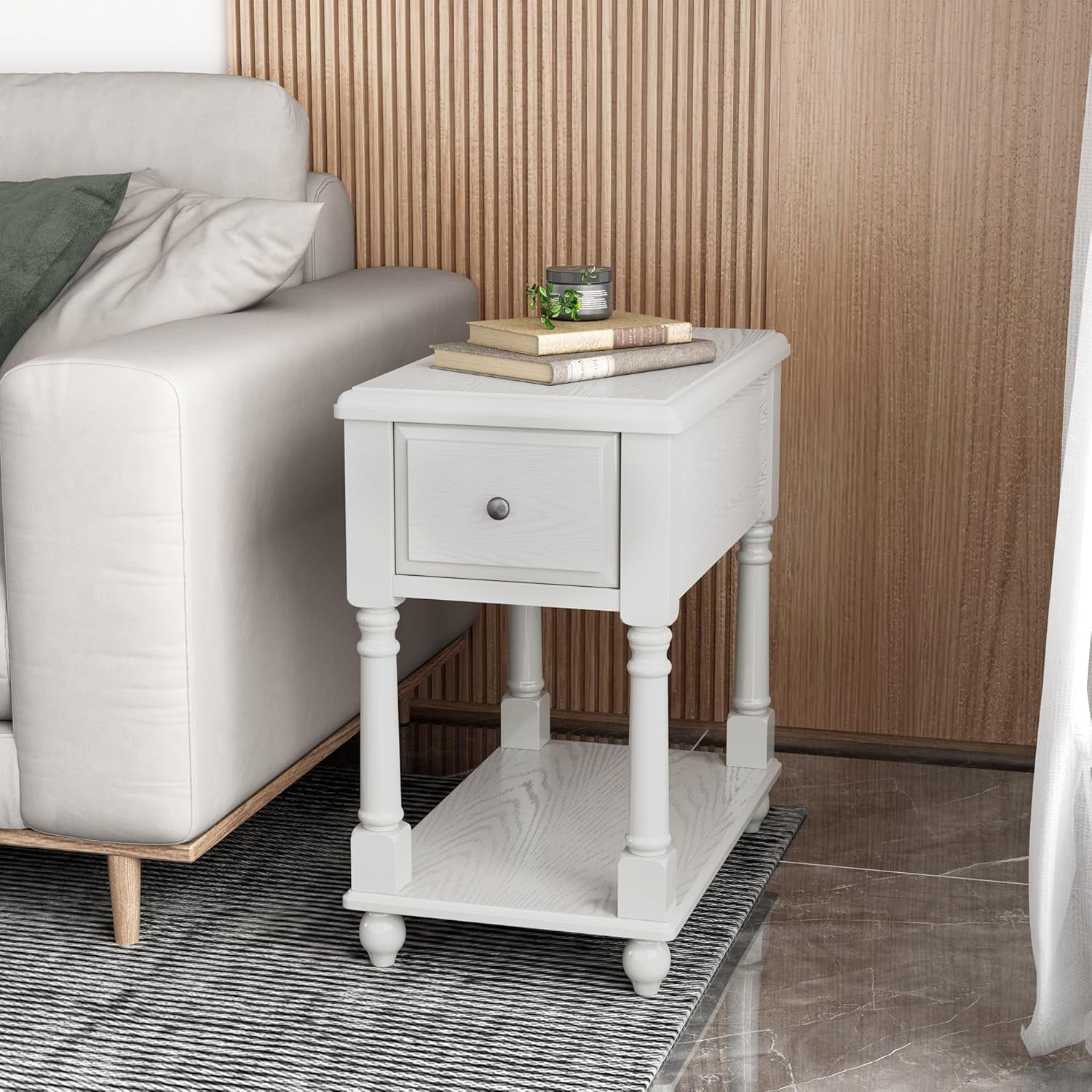 Narrow Open End Table with Drawer, Solid Wood Side Table 2-Tier Skinny ...