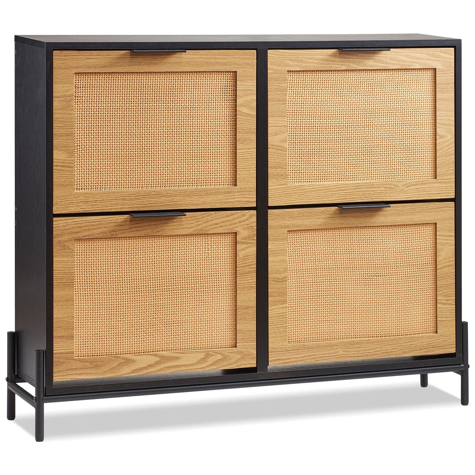 Narrow Rattan Shoe Rack with 4 Flip-Up Bins, Space-Saving Entry Cabinet ...