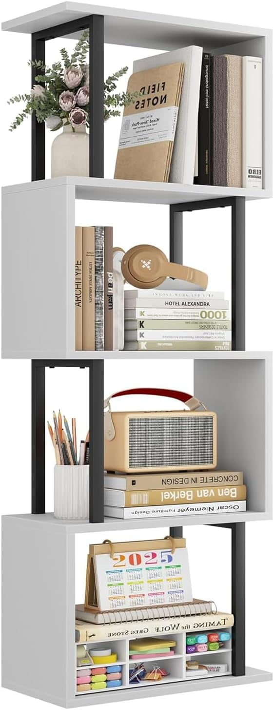 Narrow S-Shaped Geometric Bookcase, 4-Tier Bookshelf, Wood Decorative ...