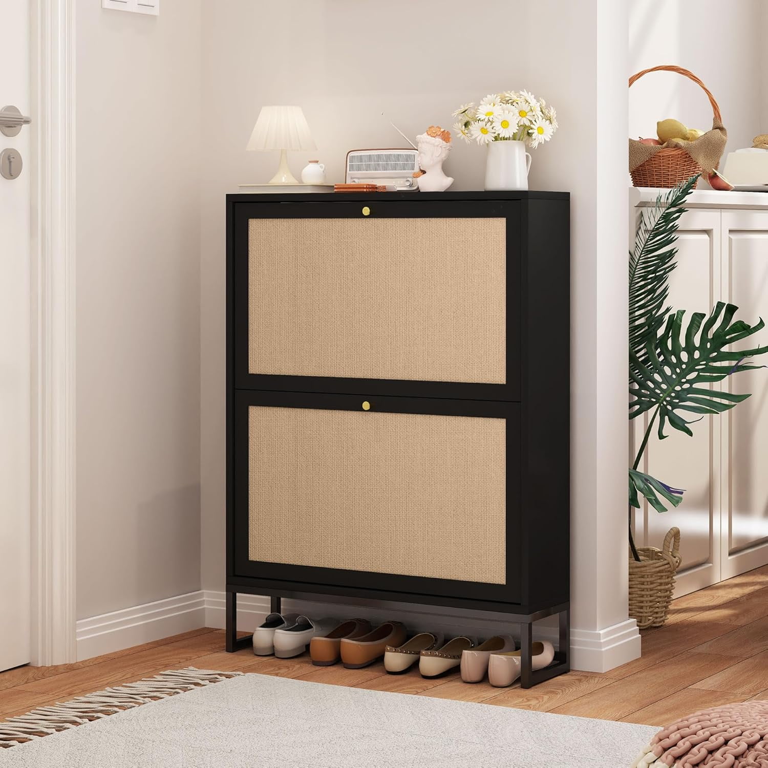 Narrow Shoe Cabinet with 2 Flip Drawer, Freestanding Shoe Organizer Shoe Cabinet Storage for ...