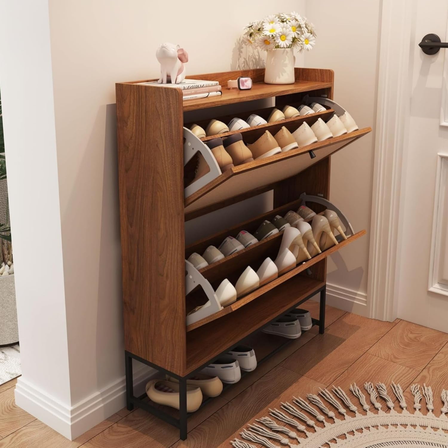 Narrow Shoe Cabinet with 2 Flip Drawers, Freestanding Shoe Organizer ...