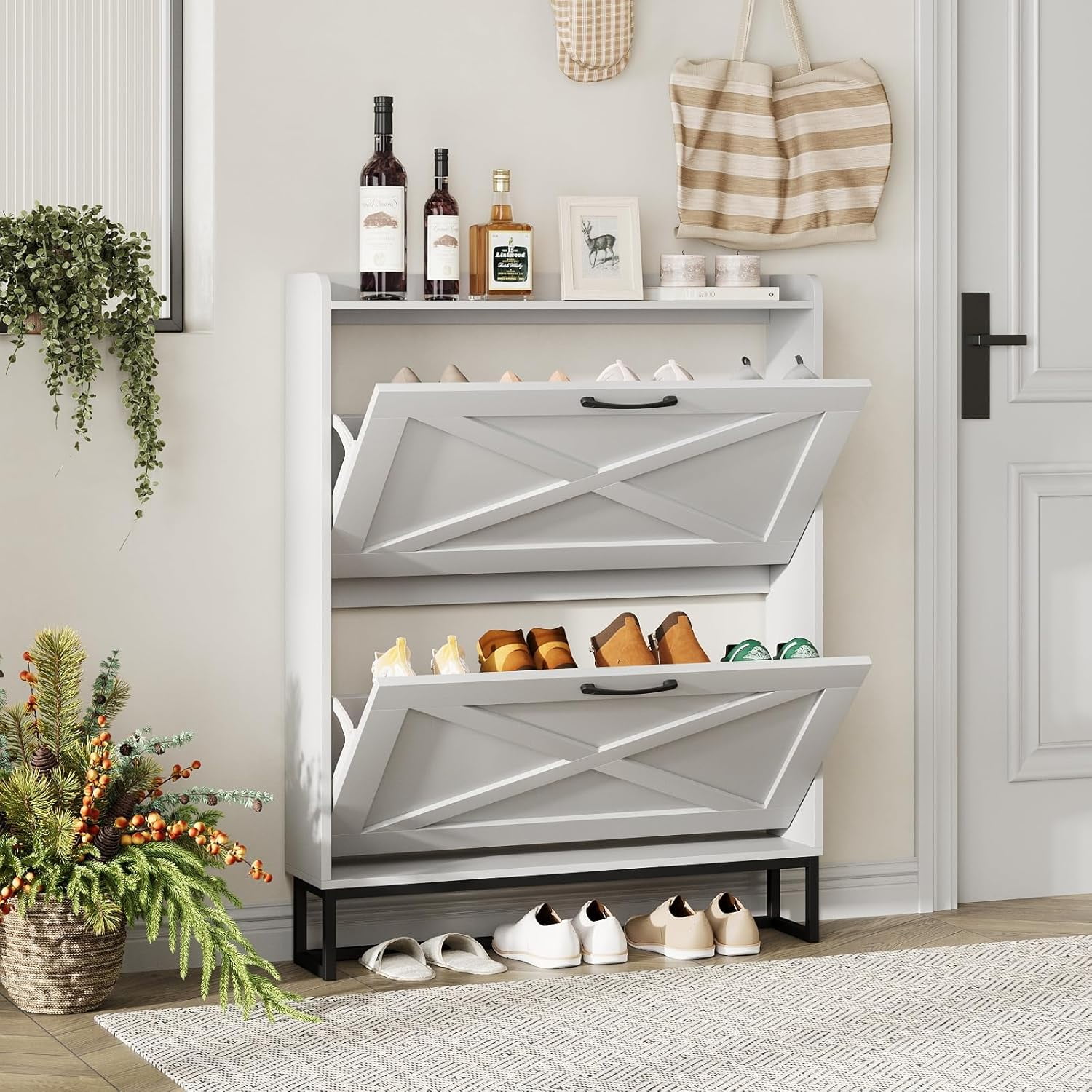 Narrow Shoe Cabinet with 2 Flip Drawers，Shoe Storage Cabinet for ...