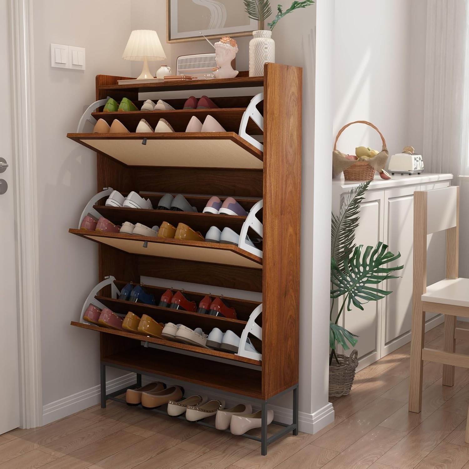 Narrow Shoe Cabinet with 3 Flip Drawers, Freestanding Shoe Organizer ...
