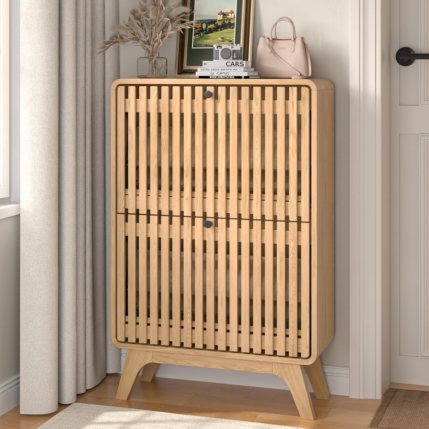 Narrow Shoe Cabinet Storage for Entryway Slim, Wood Fluted Entry Way ...