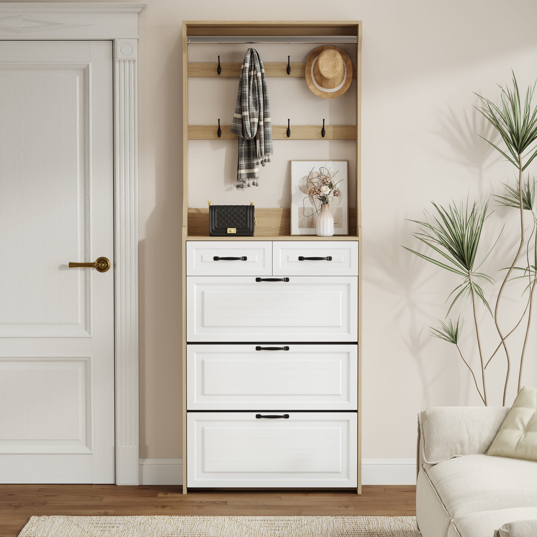 Narrow Shoe Cabinet with 3 Drop-Down Flap Doors & 2 Drawers ...
