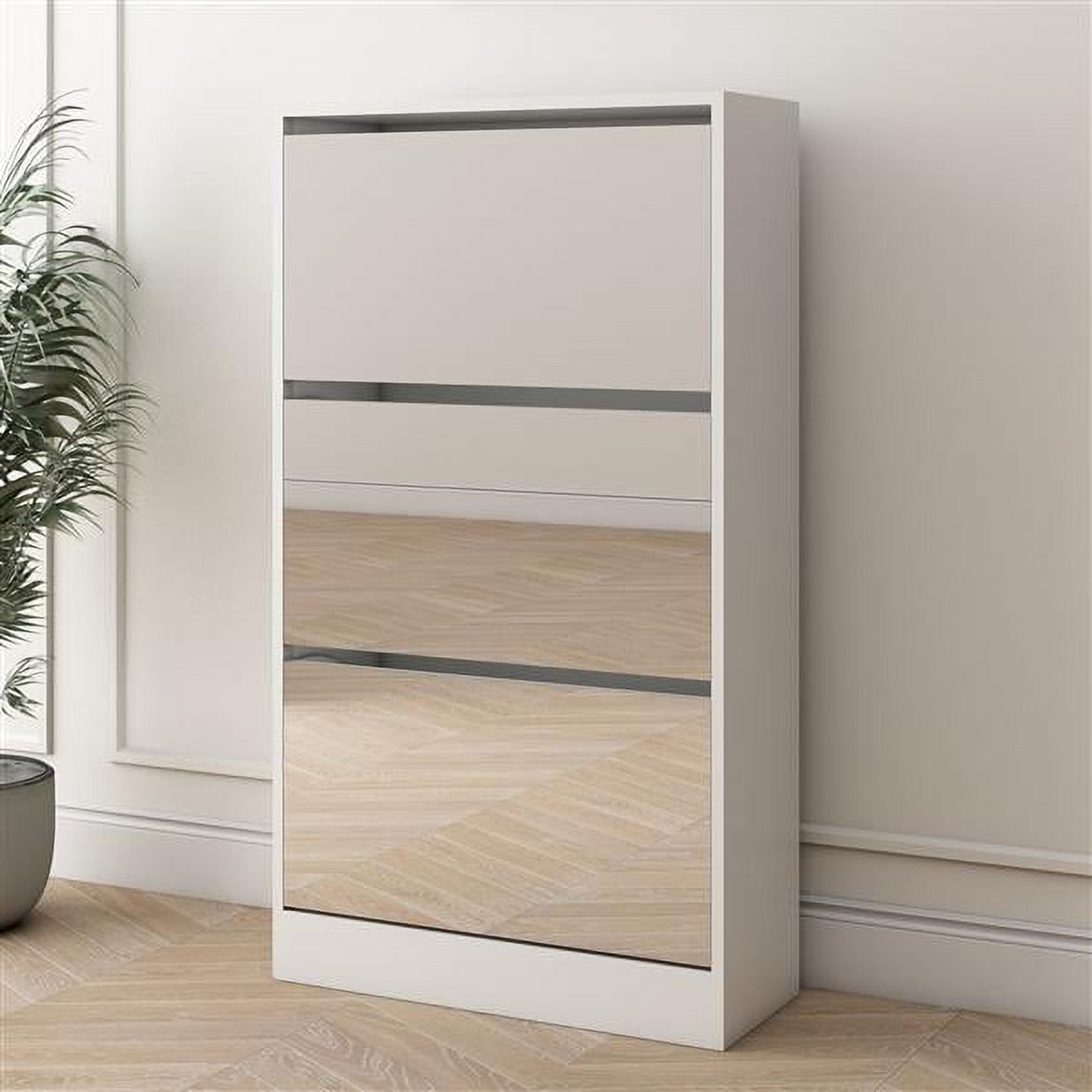 Narrow Shoe Cabinet with Mirror – 3-Tier Wooden Ultra-Thin Shoe Rack ...