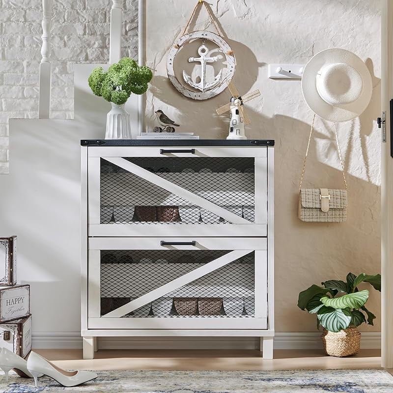 Narrow Shoe Storage Cabinet with 2 Flip Drawers & Adjustable Shelves ...