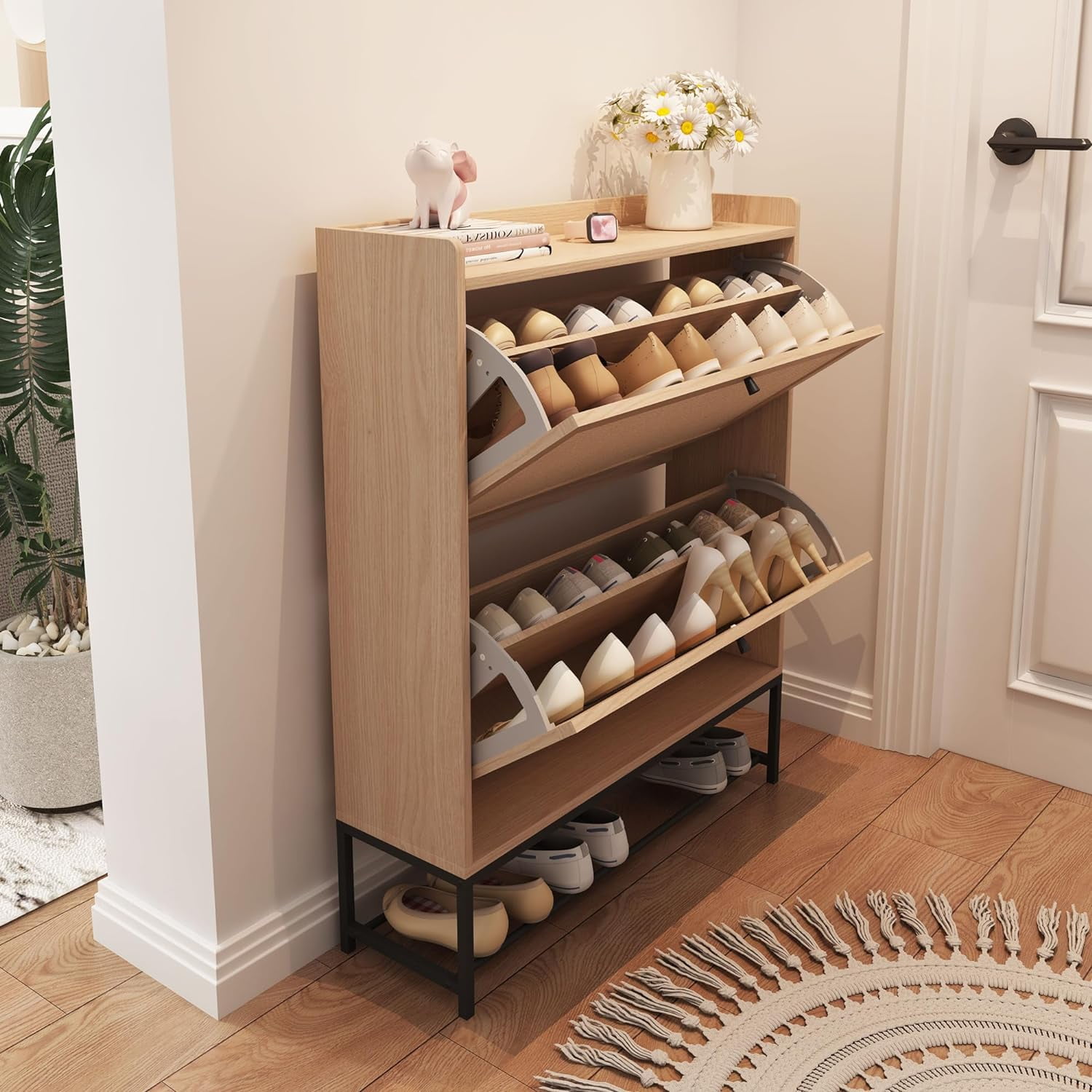 Narrow Shoe Storage Cabinet with 2 Flip Drawers, Freestanding Shoe ...