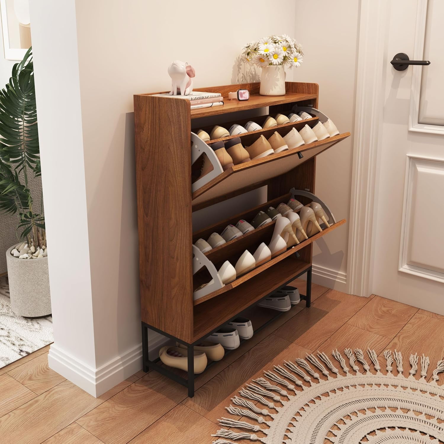 Narrow Shoe Storage Cabinet with 2 Flip Drawers, Freestanding Shoe ...