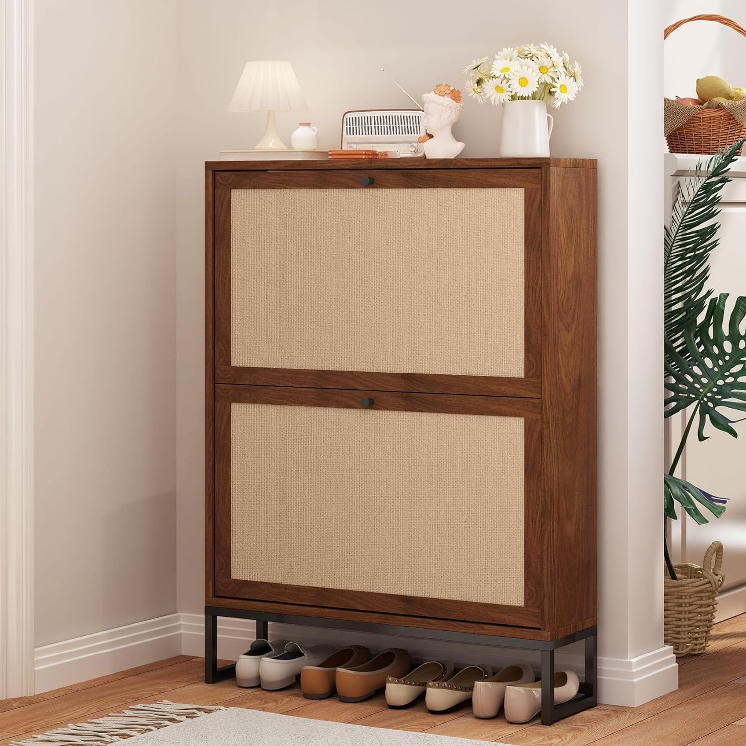 Narrow Shoe Storage Cabinet with 3 Flip Drawers Freestanding Shoe ...