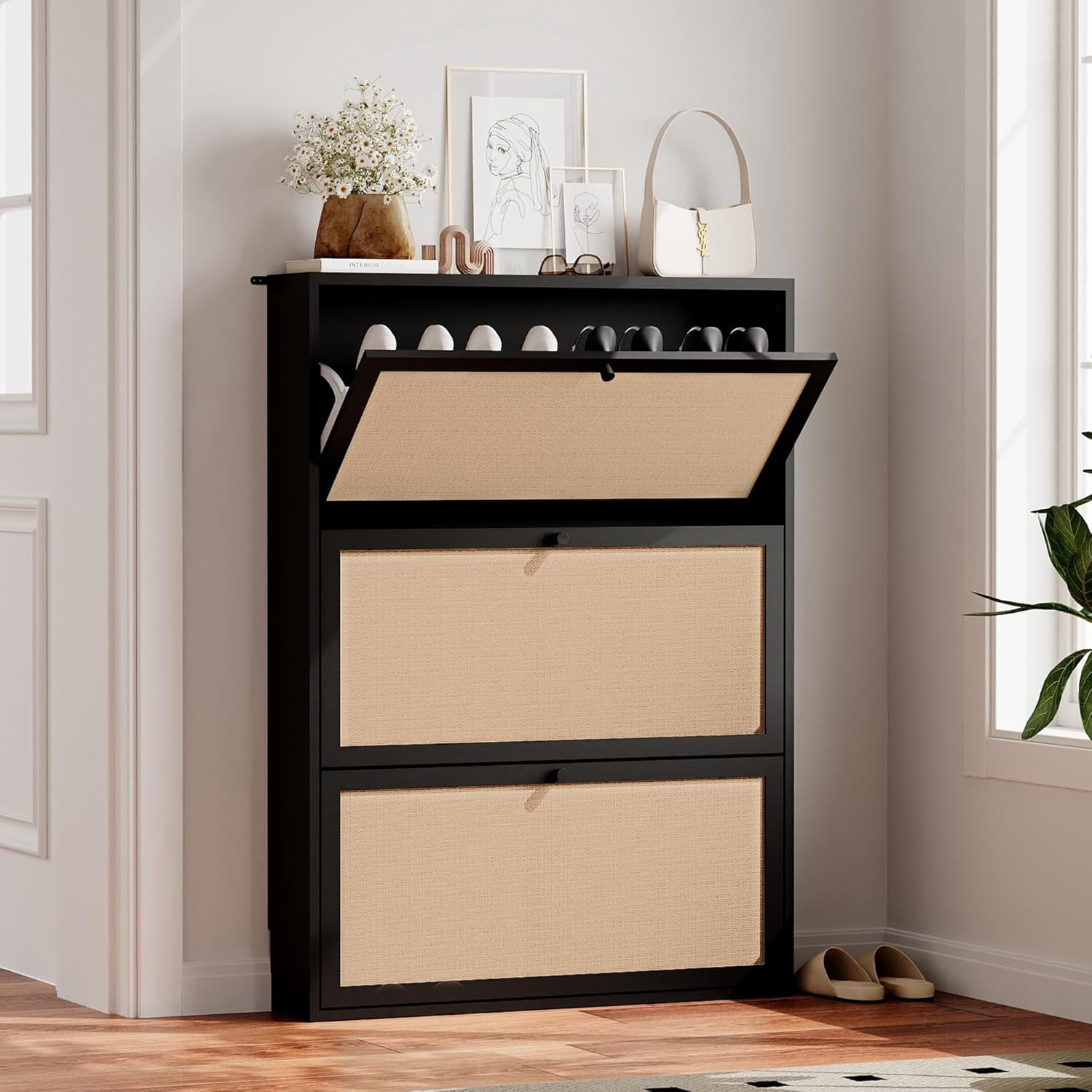 Narrow Shoe Storage Cabinet with 3 Flip Drawers Freestanding Wooden ...