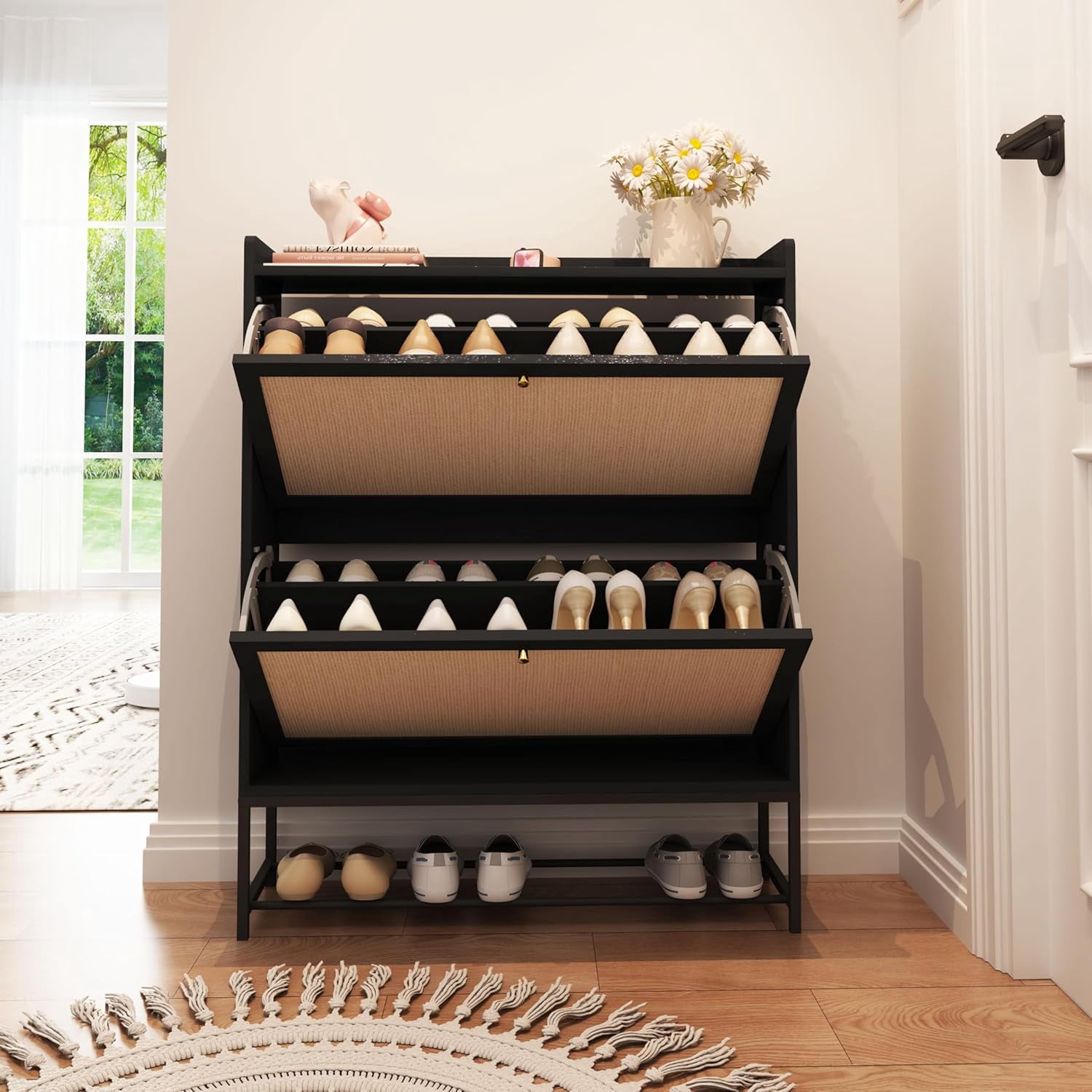 Narrow Shoe Storage Cabinet for Entryway with 2 Flip Drawers ...
