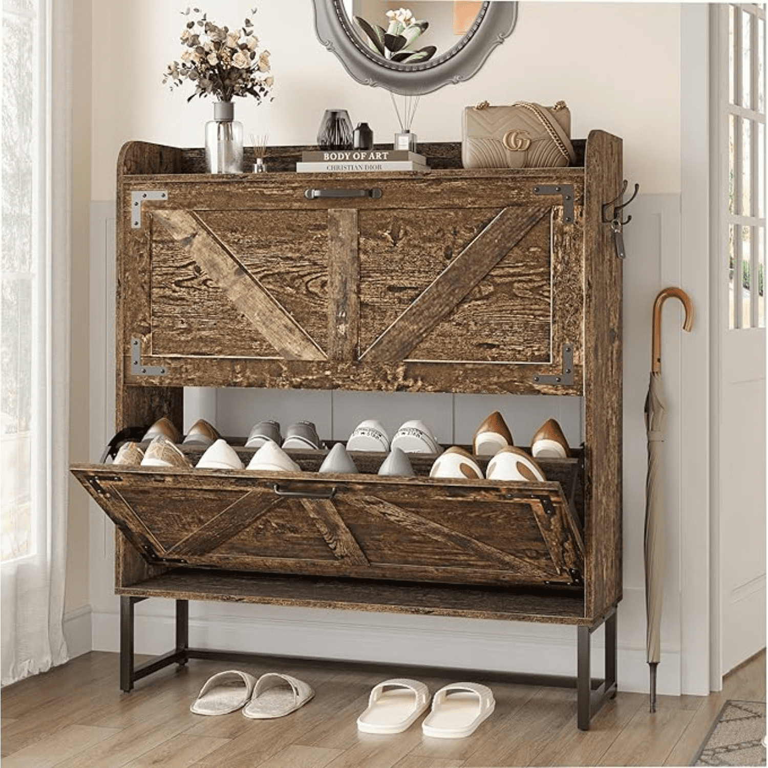 Narrow Shoe Storage Cabinet,Hidden Shoe Cabinet with Two Hooks,31.5" W ...