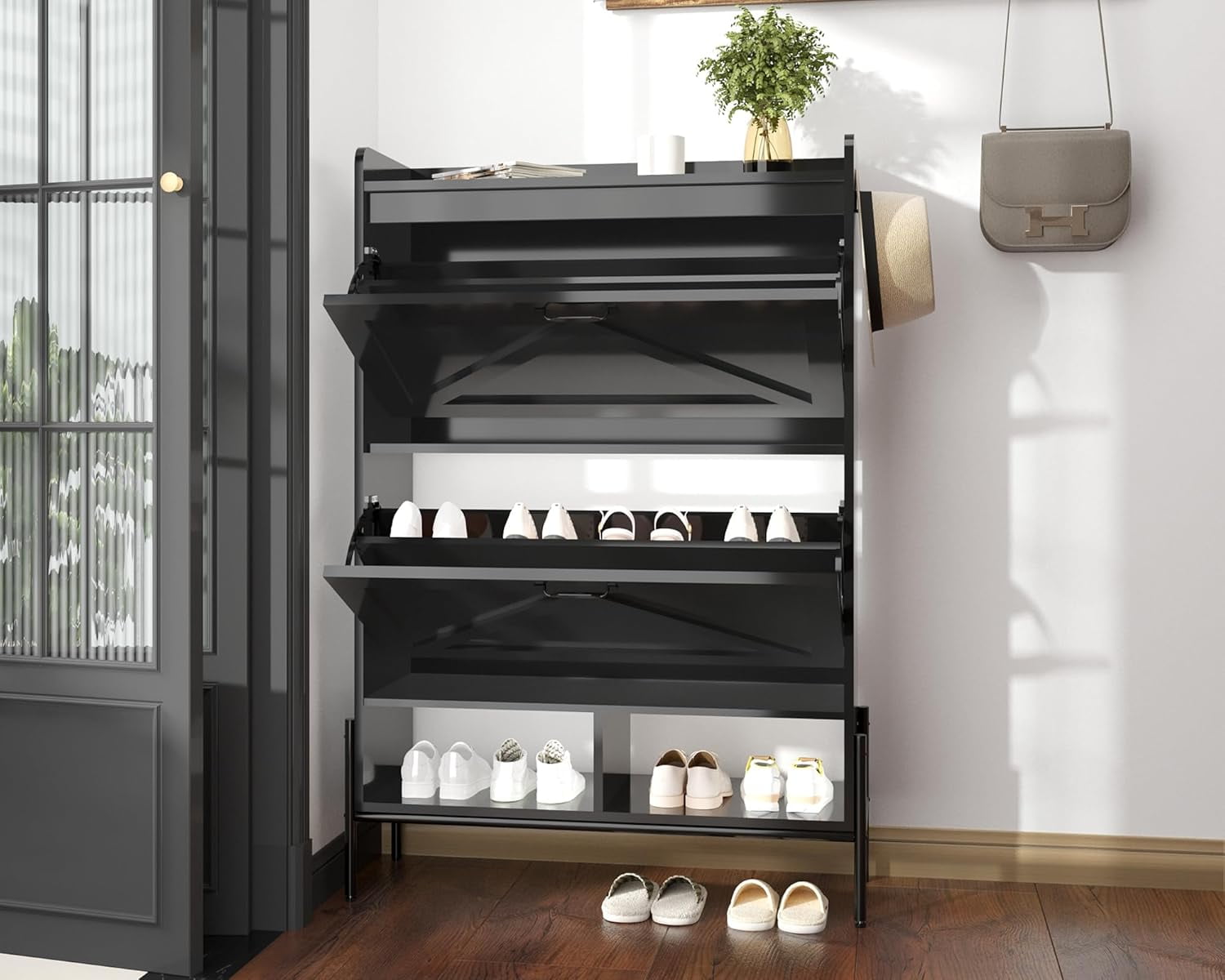 Narrow Shoe Storage Cabinet with 2 Flip Drawers,Freestanding Shoe Rack ...