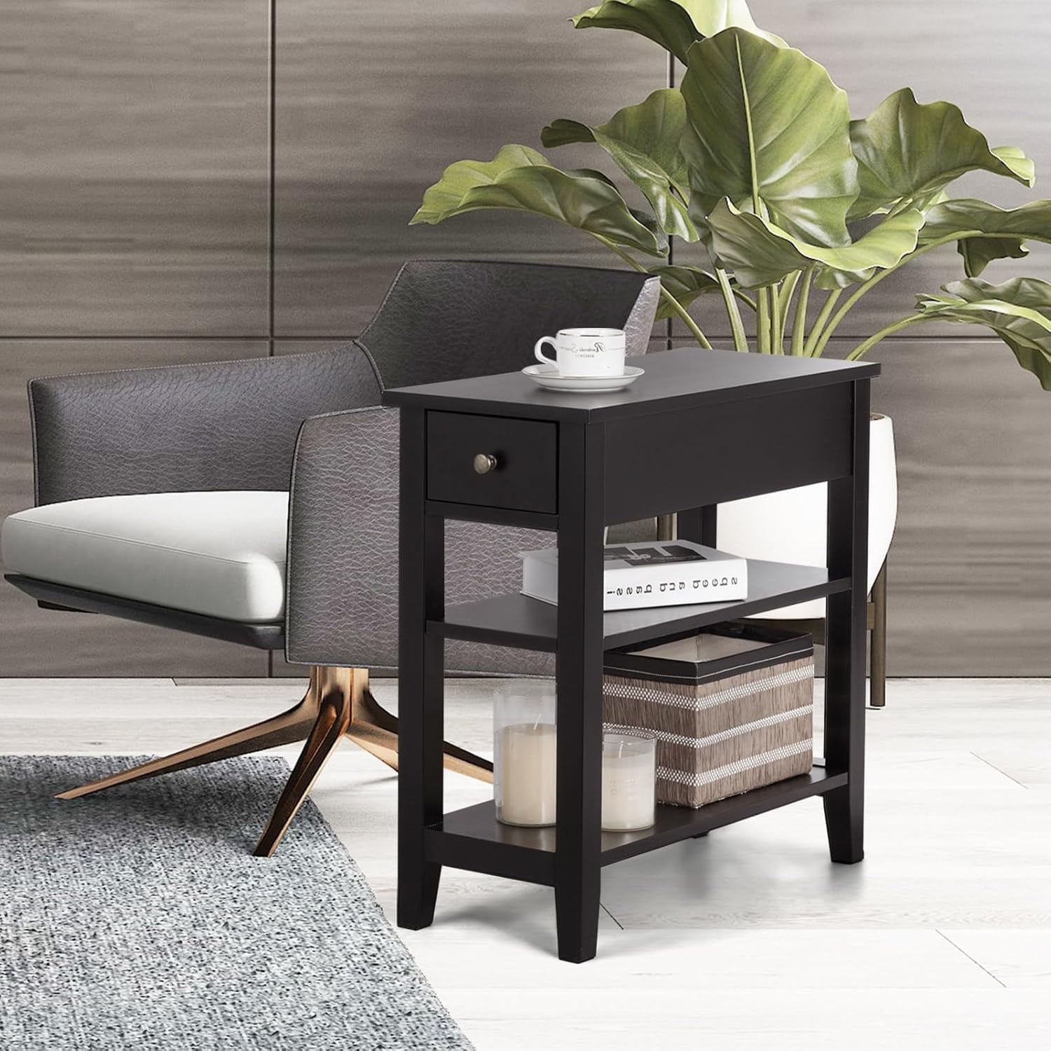 Narrow Side Table, 3-Tier Bedside Table with Drawer and Shelves, Tall ...