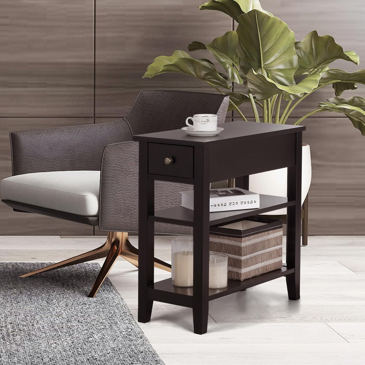 Narrow Side Table, 3-Tier Bedside Table with Drawer and Shelves, Tall ...