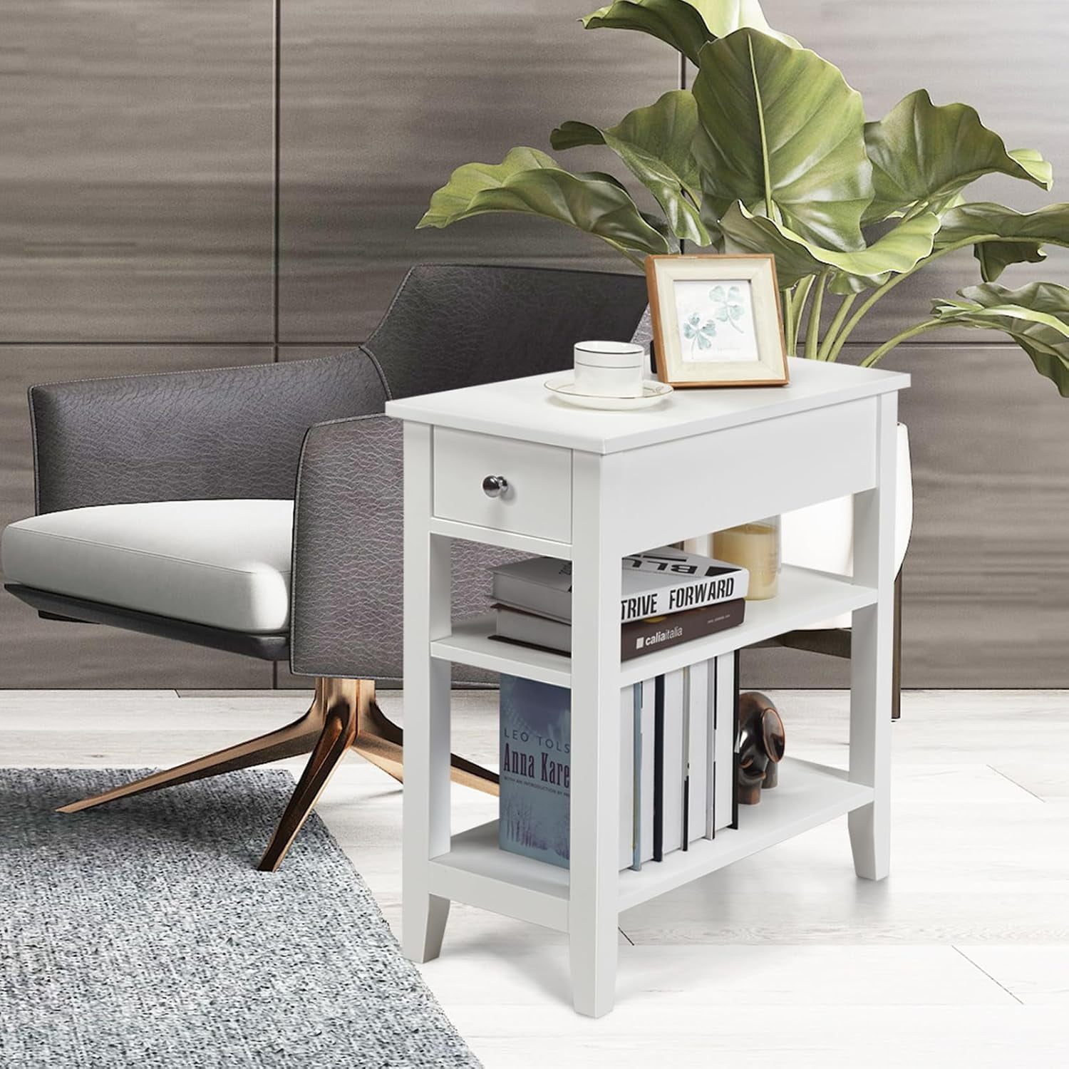 Narrow Side Table, 3-Tier Bedside Table with Drawer and Shelves, Tall ...