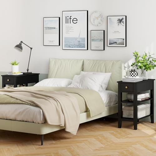 Narrow Side Table, 3-Tier Bedside Table with Drawer and Shelves, Tall ...