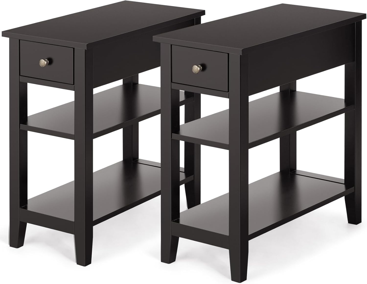 Narrow Side Table, 3-Tier Bedside Table with Drawer and Shelves, Tall ...