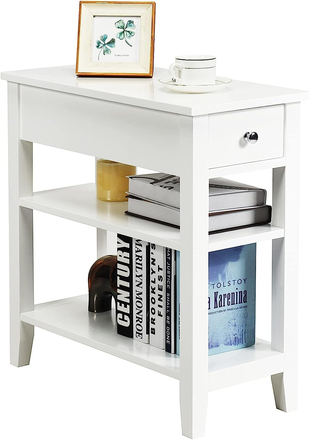 Narrow Side Table, 3-Tier Bedside Table with Drawer & 2 Open Storage ...