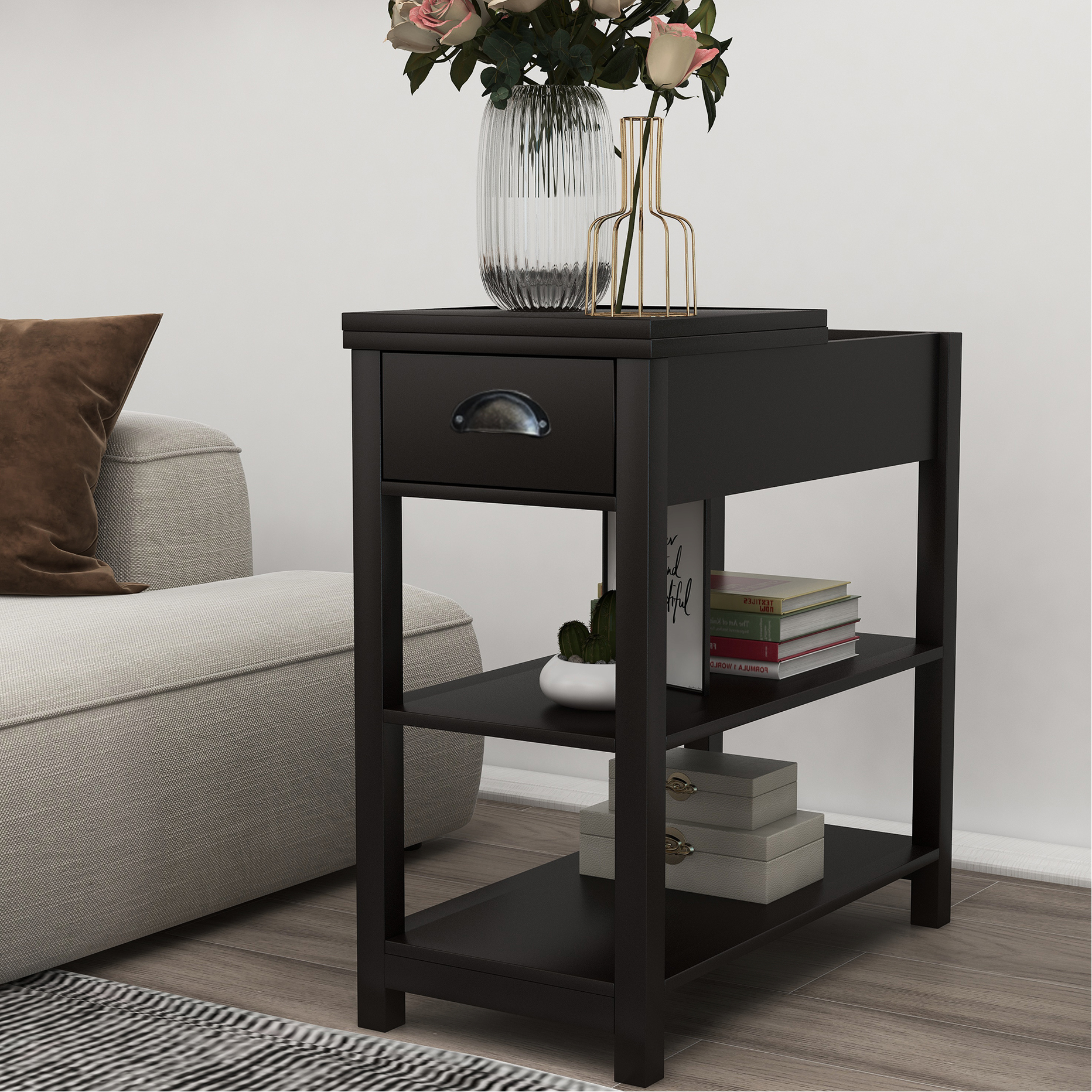Narrow Side Table - Brown, With Drawers And Bottom Partition, Retro ...